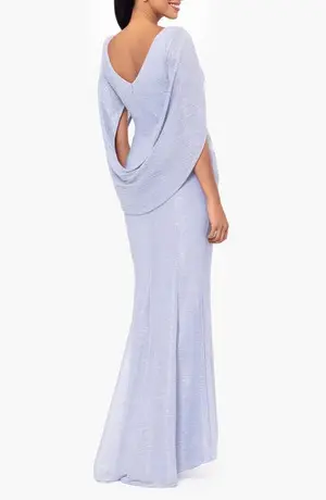 Betsy & Adam Metallic Crinkle Cape Sleeve Trumpet Gown - Blue/silver