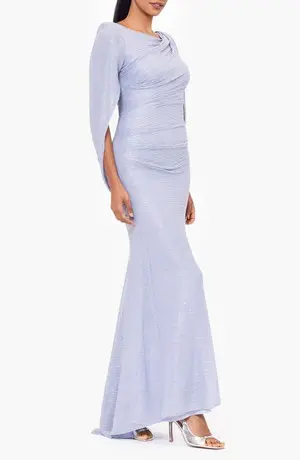 Betsy & Adam Metallic Crinkle Cape Sleeve Trumpet Gown - Blue/silver