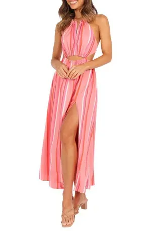 PETAL & PUP Madam Stripe Cutout Cotton Halter Dress - Pink Stripe