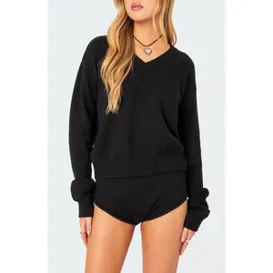 EDIKTED Comfort Club Oversize Crop Sweater - Black