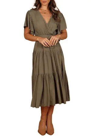 PETAL & PUP Barker Tiered Faux Wrap Dress - Olive