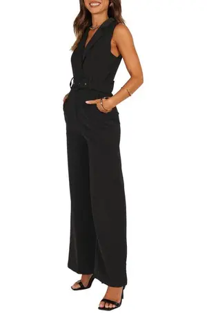 PETAL & PUP Sienna Belted Sleeveless Wide Leg Jumpsuit - Black