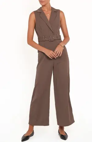 PETAL & PUP Sienna Belted Sleeveless Wide Leg Jumpsuit - Khaki Brown