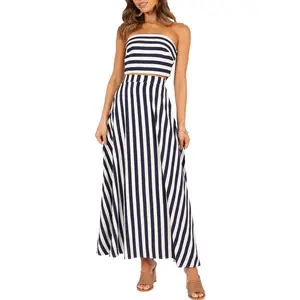 PETAL & PUP Elijah Stripe Tube Top & Maxi Skirt Set - Navy/white