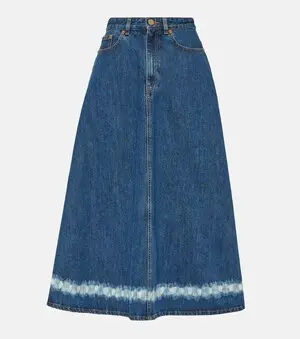 Valentino Garavani Vgold Distressed Denim Midi Skirt - Blue