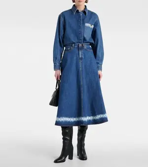 Valentino Garavani Vgold Distressed Denim Midi Skirt