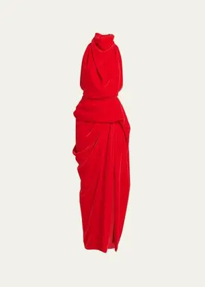 Alexander McQueen Draped Velvet Backless Gown With Slit - Love Red