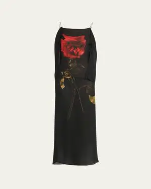 Alexander McQueen Chiffon Shadow Maxi Dress With Rose Print Detail - Black