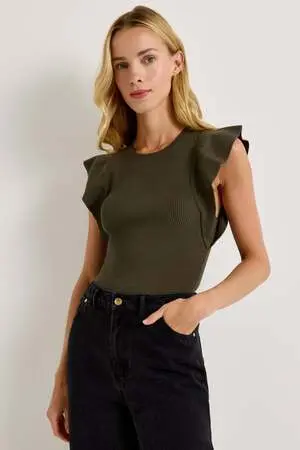 MARIE OLIVER Marie Oliver Rory Ribbed Knit Top With Ruffle Sleeves Juniper Green