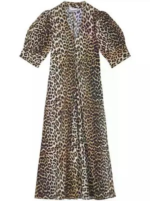 GANNI Leopard-print Organic Cotton Midi Dress - Neutrals