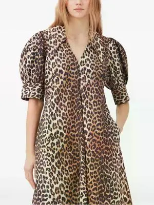 GANNI Leopard-print Organic Cotton Midi Dress - Neutrals
