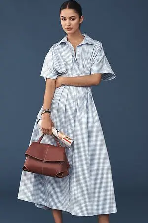 EXQUISE Exquise Tobie Shirt Dress With Exaggerated Sleeves And Pleats Blue
