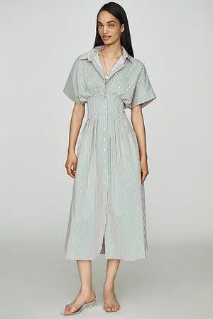 EXQUISE Tobie Shirt Dress With Exaggerated Sleeves And Pleats - Pink/green Stripe