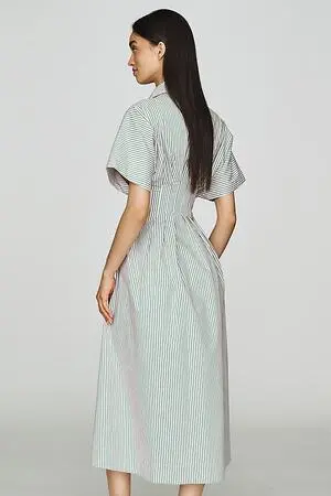 EXQUISE Tobie Shirt Dress With Exaggerated Sleeves And Pleats - Pink/green Stripe