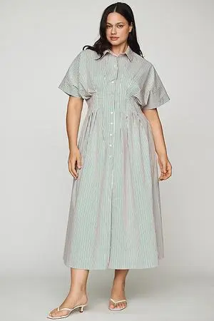EXQUISE Tobie Shirt Dress With Exaggerated Sleeves And Pleats - Pink/green Stripe