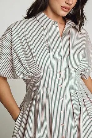 EXQUISE Tobie Shirt Dress With Exaggerated Sleeves And Pleats - Pink/green Stripe