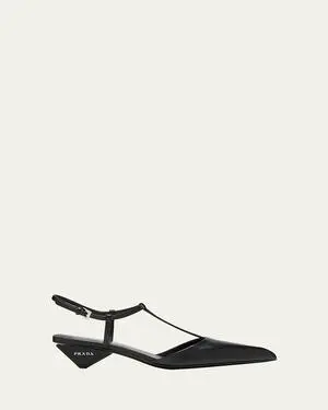 Prada Leather T-Strap Ballerina Pumps - Nero