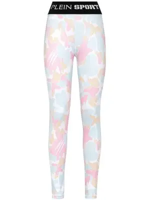 PLEIN SPORT Camouflage-print Logo-waistband Leggings - Blue