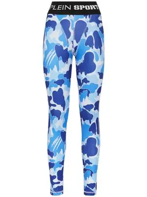 PLEIN SPORT Camouflage-print Logo-waistband Leggings - Blue