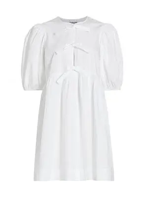 GANNI Poplin Bow Short-sleeve Minidress - Bright White