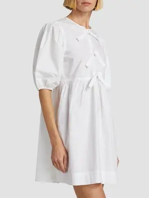 GANNI Poplin Bow Short-sleeve Minidress - Bright White