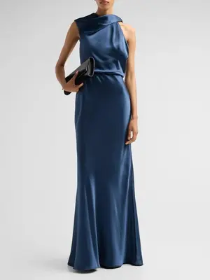 Amsale Asymmetric Satin Gown - French Blue