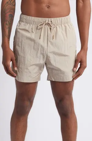 OPEN EDIT Crinkled Nylon Swim Trunks Tan Thread