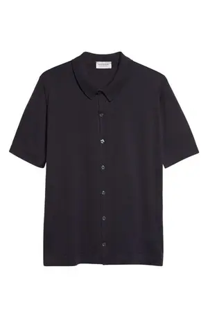John Smedley Folke Knit Short Sleeve Cotton Button-up Shirt - Navy