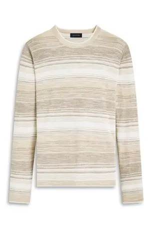 Bugatchi Stripe Crewneck Cotton Sweater - Beige