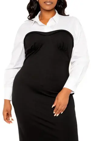 BUXOM COUTURE Contrast Long Sleeve Midi Shirt Dress