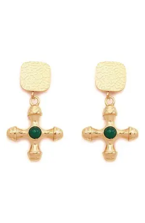 PETIT MOMENTS Turin Cross Drop Earrings - Emerald