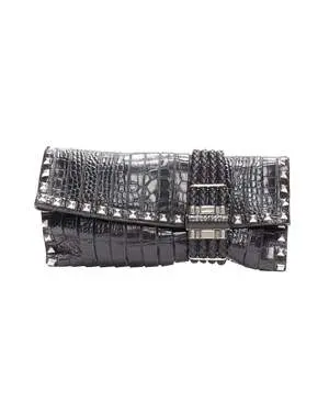 JIMMY CHOO Chandra Croc Embossed Silver Studs Woven Magnet Clasp Clutch Bag - Black