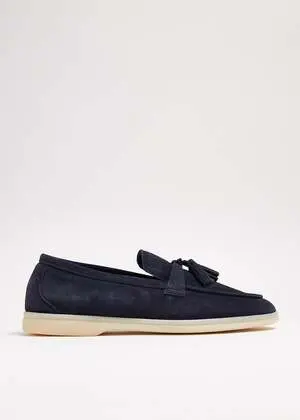 SCAROSSO Leandra Tassel Loafers In Navy Suede - Blue