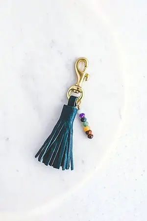 GIVING BRACELETS Chakra Gemstone Leather Tassel Keychain - Blue Spruce