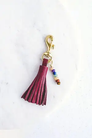 GIVING BRACELETS Chakra Gemstone Leather Tassel Keychain - Burgundy