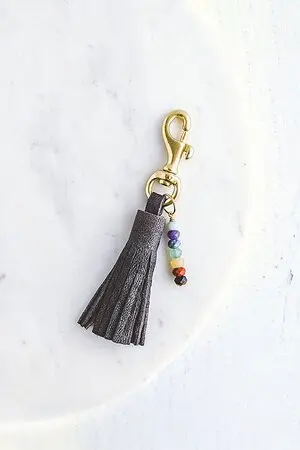 GIVING BRACELETS Chakra Gemstone Leather Tassel Keychain - Charcoal Grey