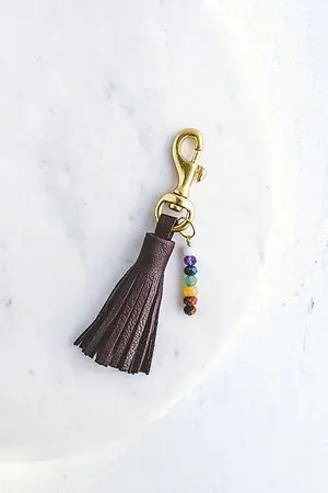 GIVING BRACELETS Chakra Gemstone Leather Tassel Keychain - Chocolate Brown