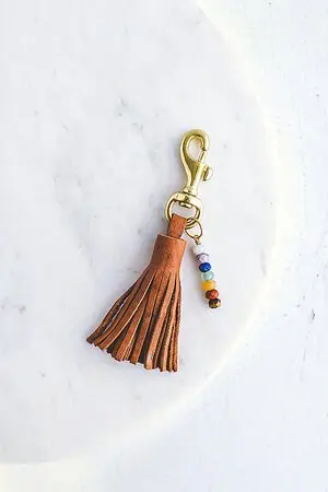 GIVING BRACELETS Chakra Gemstone Leather Tassel Keychain - Rustic Brown