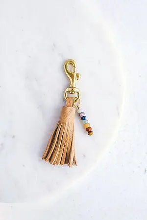 GIVING BRACELETS Chakra Gemstone Leather Tassel Keychain - Sand