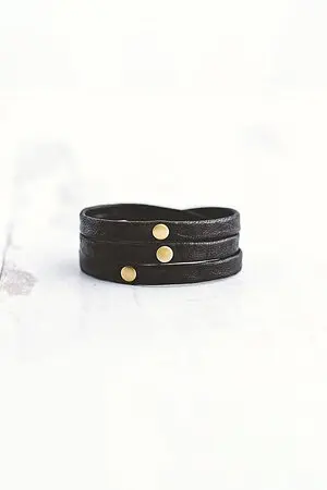 GIVING BRACELETS Antique Brass Triple Warrior Leather Wrap Bracelet - Black