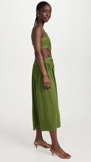 farm rio green leaf dress FARM Rio Green Anthurium Leaves Cut-Out Euroflax Premium Linen Midi Dress, Anturium Leaves Green / XL main image 0
