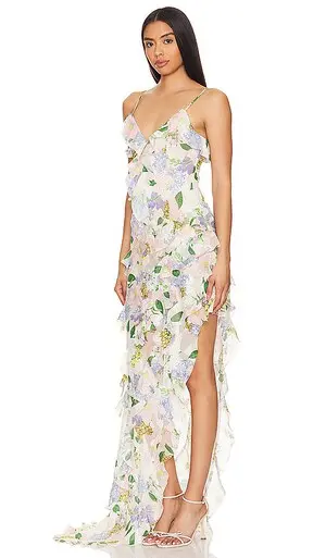 ELLIATT Floral Ruffled Asymmetrical Maxi Dress