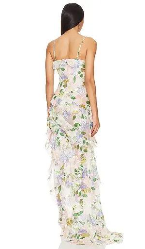 ELLIATT Floral Ruffled Asymmetrical Maxi Dress