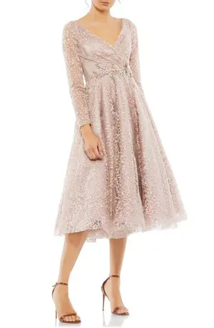 Mac Duggal Lace Long Sleeve Fit & Flare Cocktail Dress - Nude | Editorialist