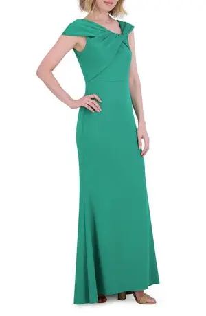 green emerald velvet dress Petite Isla Long Scuba Crepe Off The Shoulder Ruffle Top Dress