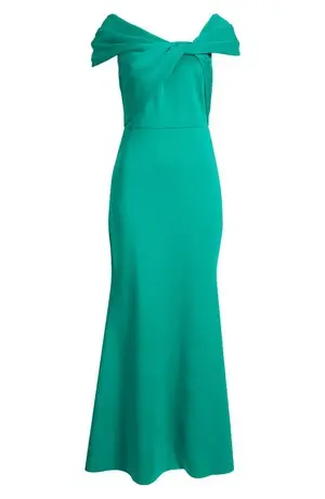 Eliza J Wrap Neckline Scuba Crepe Gown In Jade - 55% Off | Editorialist