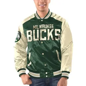 STARTER Cream Milwaukee Bucks Renegade Satin Full-snap Varsity Jacket