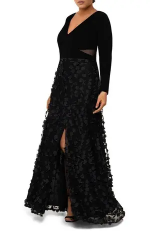 XSCAPE EVENINGS 3d Floral And Mesh Cutout Gown