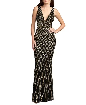 Mac Duggal Sequined Plunge Neck Sleeveless Gown - Black