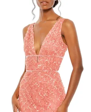 Mac Duggal Sequined Plunge Neck Sleeveless Gown - Coral